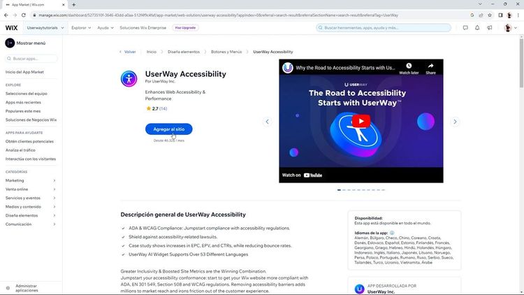 Widget de Accesibilidad WIX de UserWay - Guía de Instalación